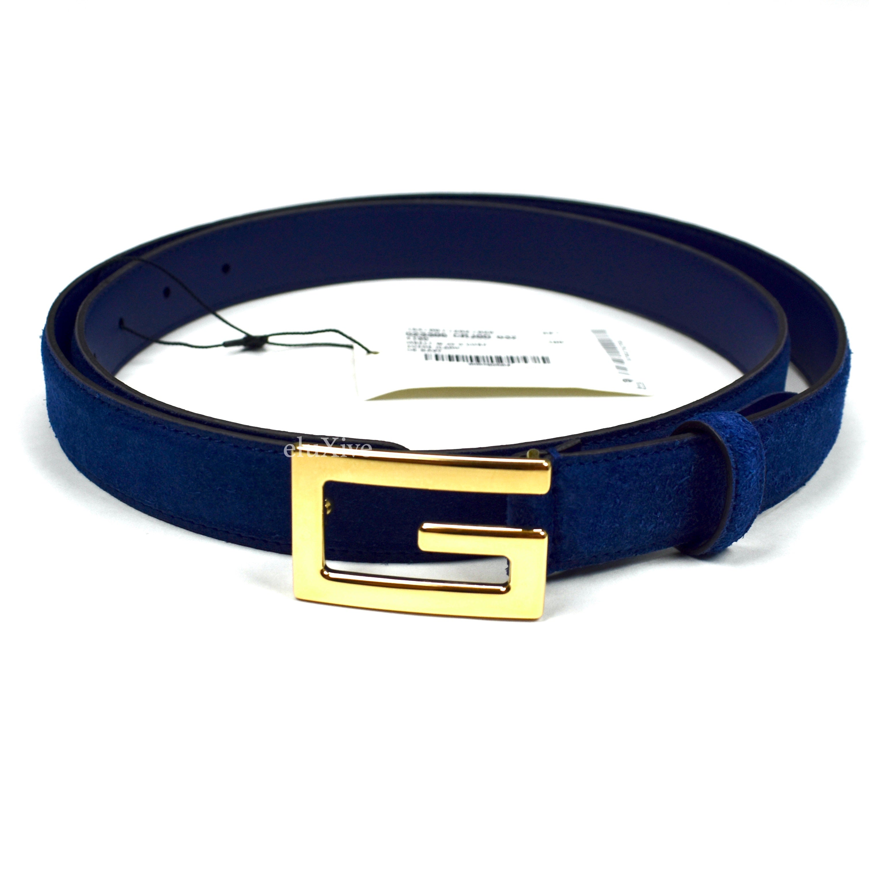 Gucci - Blue Suede Rectangular G Logo Belt – eluXive