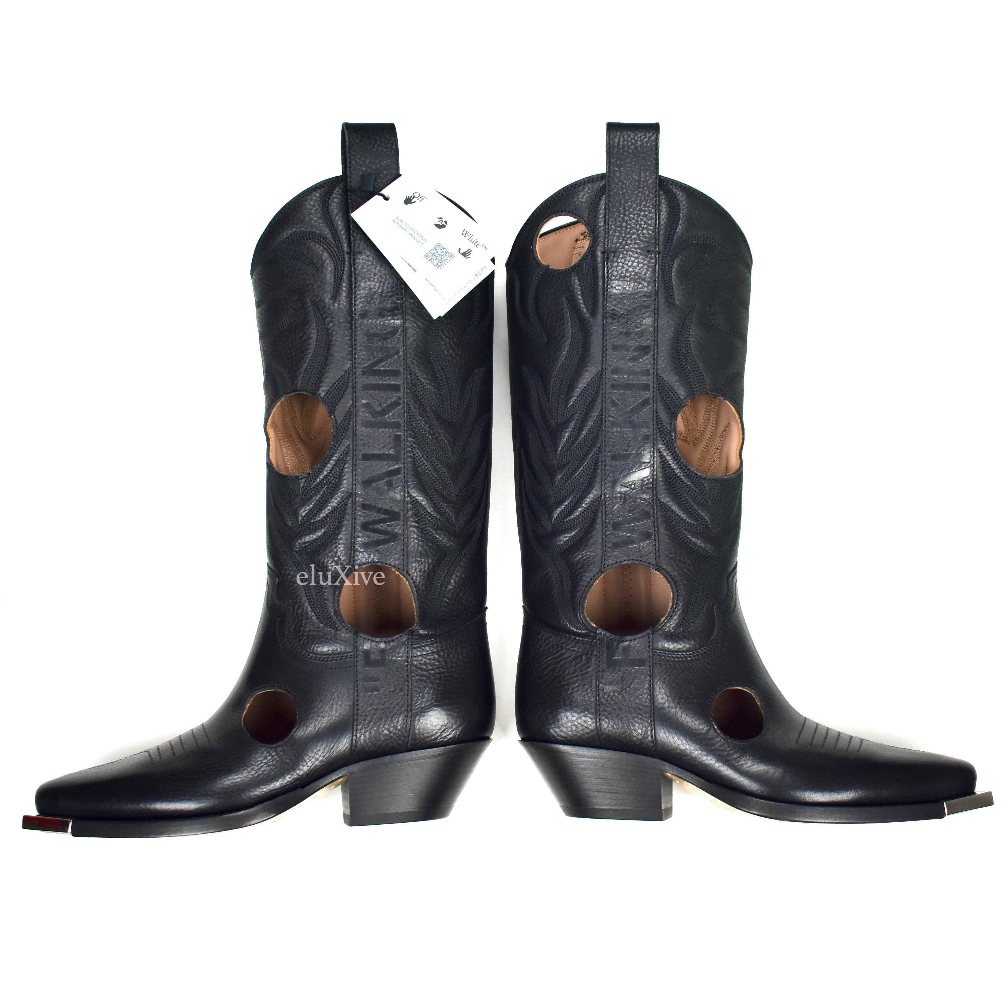 Off-White - Black Leather "FOR WALKING" Meteor Cowboy Boots – eluXive